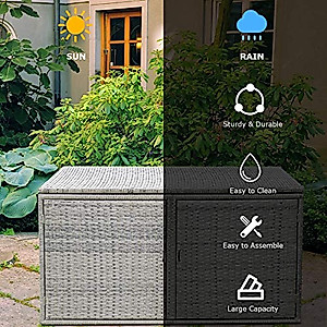 LDAILY Rattan Storage Box, Wicker Storage Box with 2 Shelves, Outdoor Deck Box, Backyard Garden Storage Box with Lid, Rattan Storage Box for Storing Accessories, Tools and Toys - Grey