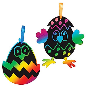 Baker Ross AT419 Easter Chick Scratch Art Ornament Kit - Pack of 10, Blank Egg Designs to Scratch Art for Kids Bright Colored Designs