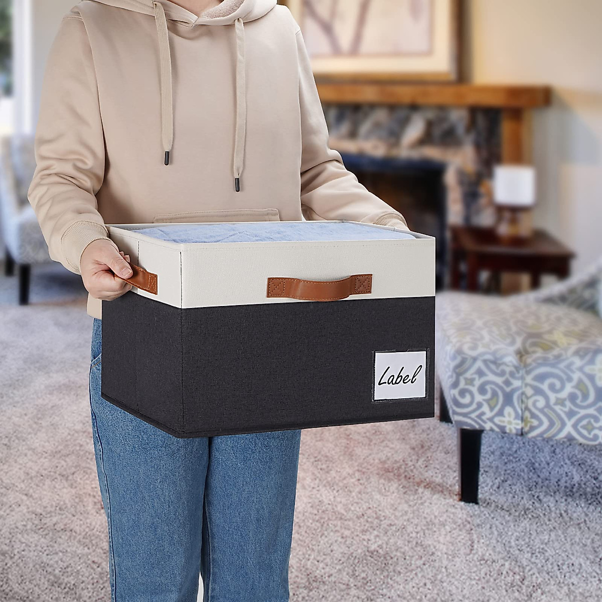 PFFVRP Extra Large Storage Bins with Lids, Foldable Fabric Storage Baskets with Lids, Sturdy Storage Boxes with Labels and 3 PU Handles for Closet Home Bedroom Office (32L, 3 Packs, Black&White)
