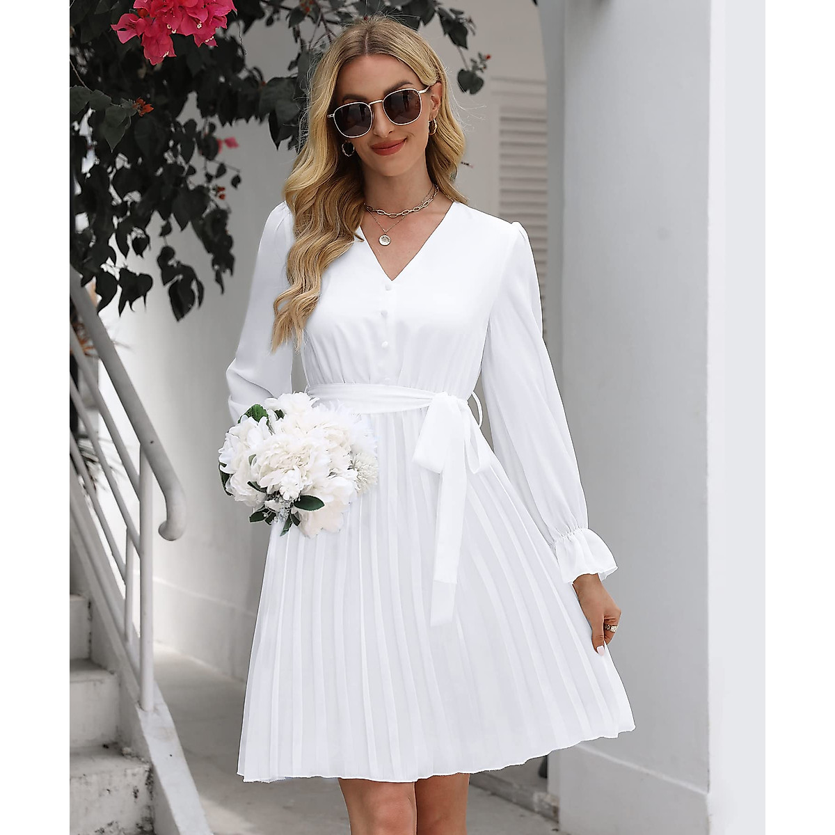 Kenaque Womens Long Sleeve V Neck Dresses for Wedding Guest Ruffle Lantern Sleeve Pleated Mini Dress with Belt Off-White
