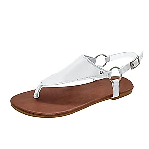 Sandals for Women Size 8 Ladies Fashion Solid Color Leather Flip Flops All Casual Buckle Flat Sandals (White, 6.5)
