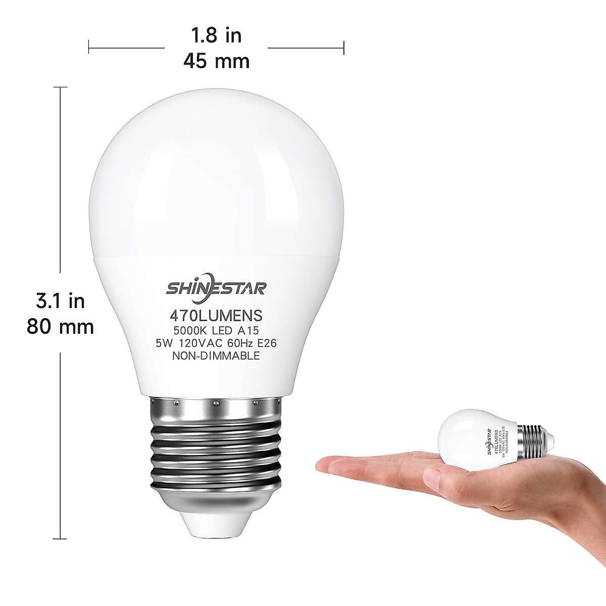 SHINESTAR 8-Pack Ceiling Fan Light Bulbs, A15 LED Bulb with E26 Base, 40W Equivalent, 5000K Daylight White, Non-Dimmable