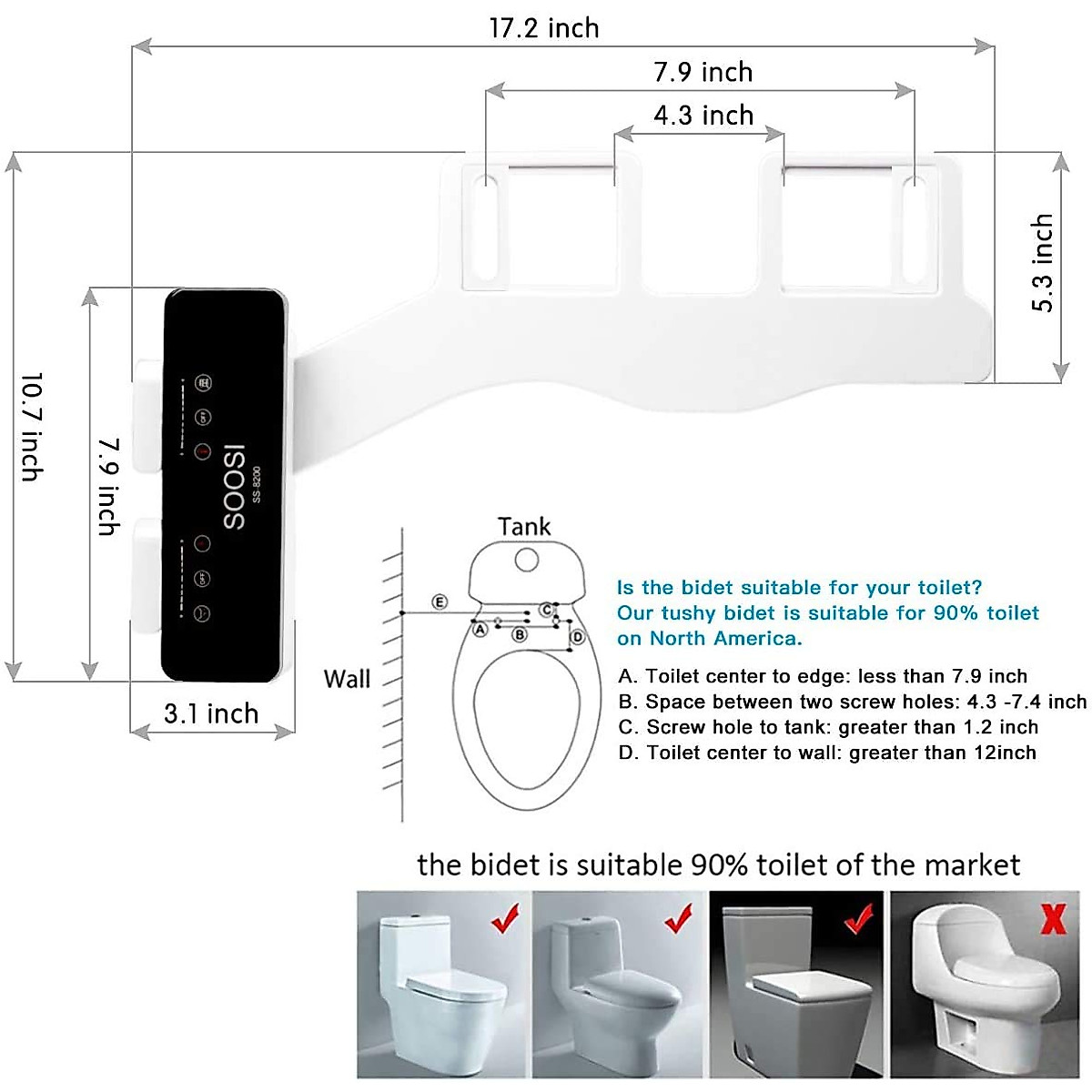 Bidet For Toilet, Soosi Bidet Ultra Slim Self Cleaning Dual Nozzle Hot&Cold Water Spray Bidets Front and Rear Bidet Attachment For Toilet Bidet Toilet Attachment- Adjustable Water Pressure&Temperature