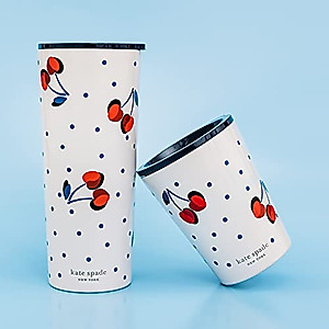 Kate Spade New York Small Insulated Coffee Cup with Lid, Double Walled Stainless Steel Mug, 12oz Coffee Tumbler, Vintage Cherry Dot