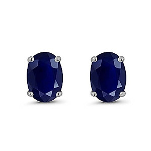 Gem Stone King 14K White Gold Blue Sapphire Stud Basket Setting Earrings For Women (2.04 Cttw, Gemstone September Birthstone, Oval 7X5MM)