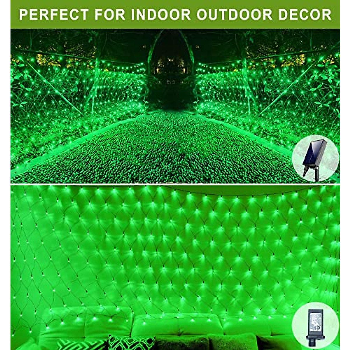 11.5ft x 5ft Solar Green Net Lights St Patricks Day Decorations, 240LED Outdoor Mesh Lights Waterproof 8 Mode with Remote 2 Power Supply String Lights for Bushes Trees Garden Wall Patio Indoor Decor