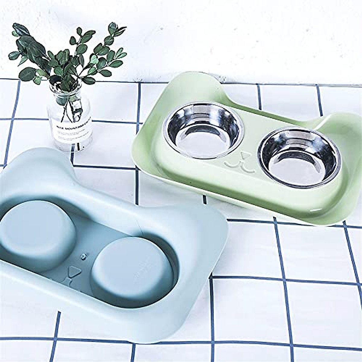 FUUIE Bowls for Food and Water Double Dog Cat Bowls Cute Cat Shaped Food Water Feeder for Small Dogs Cats Feeding Stainless Steel Pet Bowl Supplies (Color : Blue)