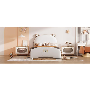 Harper & Bright Designs Twin Size Upholstered Platform Bed Frame with Bear-Shaped Headboard and Footboard for Boys Girls Kids Toddler,Brown+White (White5)