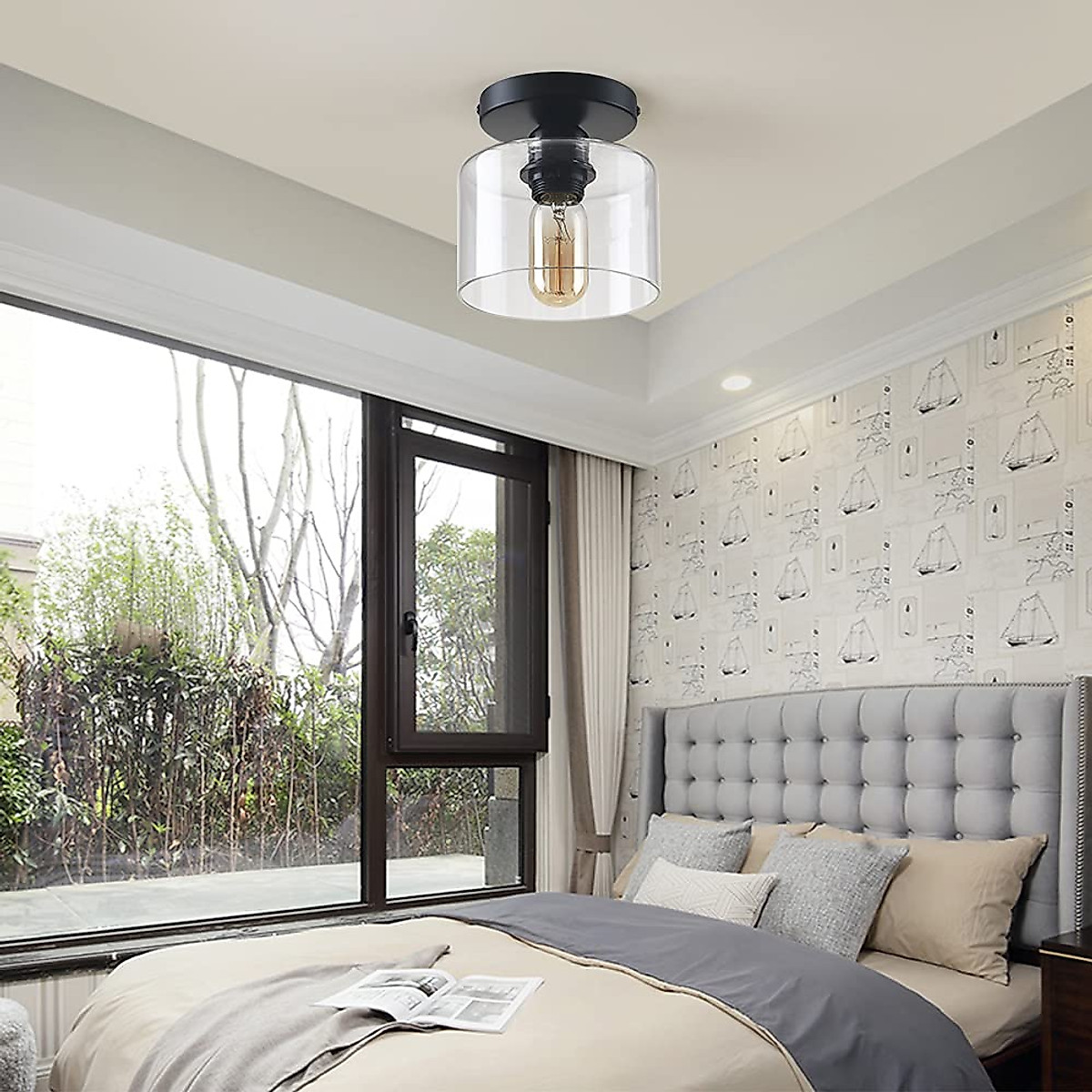 Deamakk Modern Semi-Flush Mount Ceiling Light, Rustic Ceiling Light Fixture for Closet, Hallway, Kitchen, Dining Room, Farmhouse Lighting, Matte Black Finish, Clear Glass Shade, E26, 5.9 inch