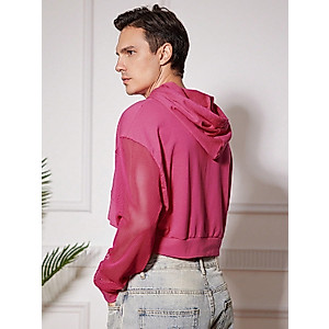 WDIRARA Men's Drawstring Mesh Long Sleeve Hoodie Sweatshirt Pullover Crop Top Hot Pink S