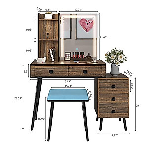 LVSOMT Vanity Desk with Mirror and Lights, Makeup Vanity Table Set with 3-Color Lights & Charging Station, 5 Drawers, Shelves, Dressing Table with Stool for Women Girls (Brown)