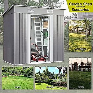Evedy Sheds & Outdoor Storage, 6'x 6' FT Outdoor Metal Storage Shed, Sliding Doors and Window, Sun Protection, Waterproof Tool Storage Shed for Backyard, Patio, Lawn (Wood Grain & Coffee)