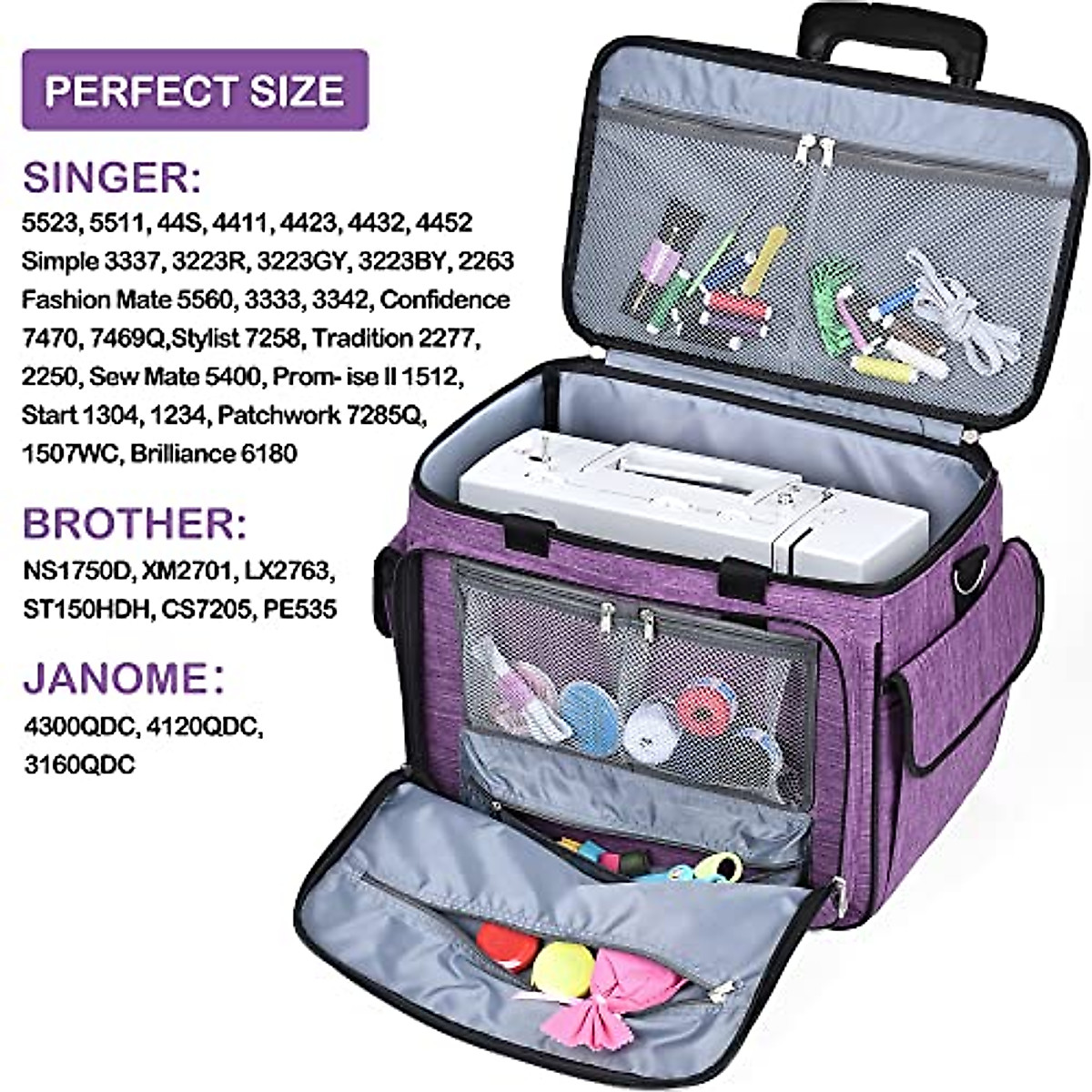 cab55 Rolling Sewing Machine Case, Detachable Rolling Sewing Machine Carrying Case on Wheels, Trolley Tote Bag with Removable Bottom Wooden Board for Most Standard Sewing Machine -Purple