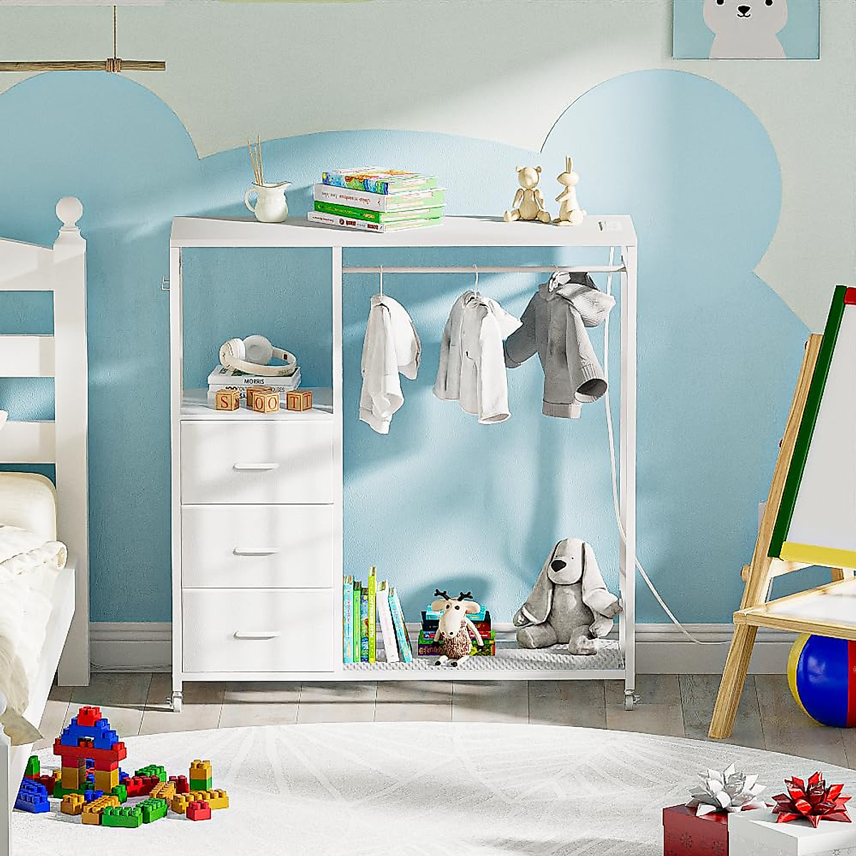 LAKEMID Dresser with Hanging Rack, Cute Wardrobe Dresser with Charging Station and LED Lights, White Dresser with 3 Drawers and 2 Tier Shelves, for Hallway, TV Stand Use