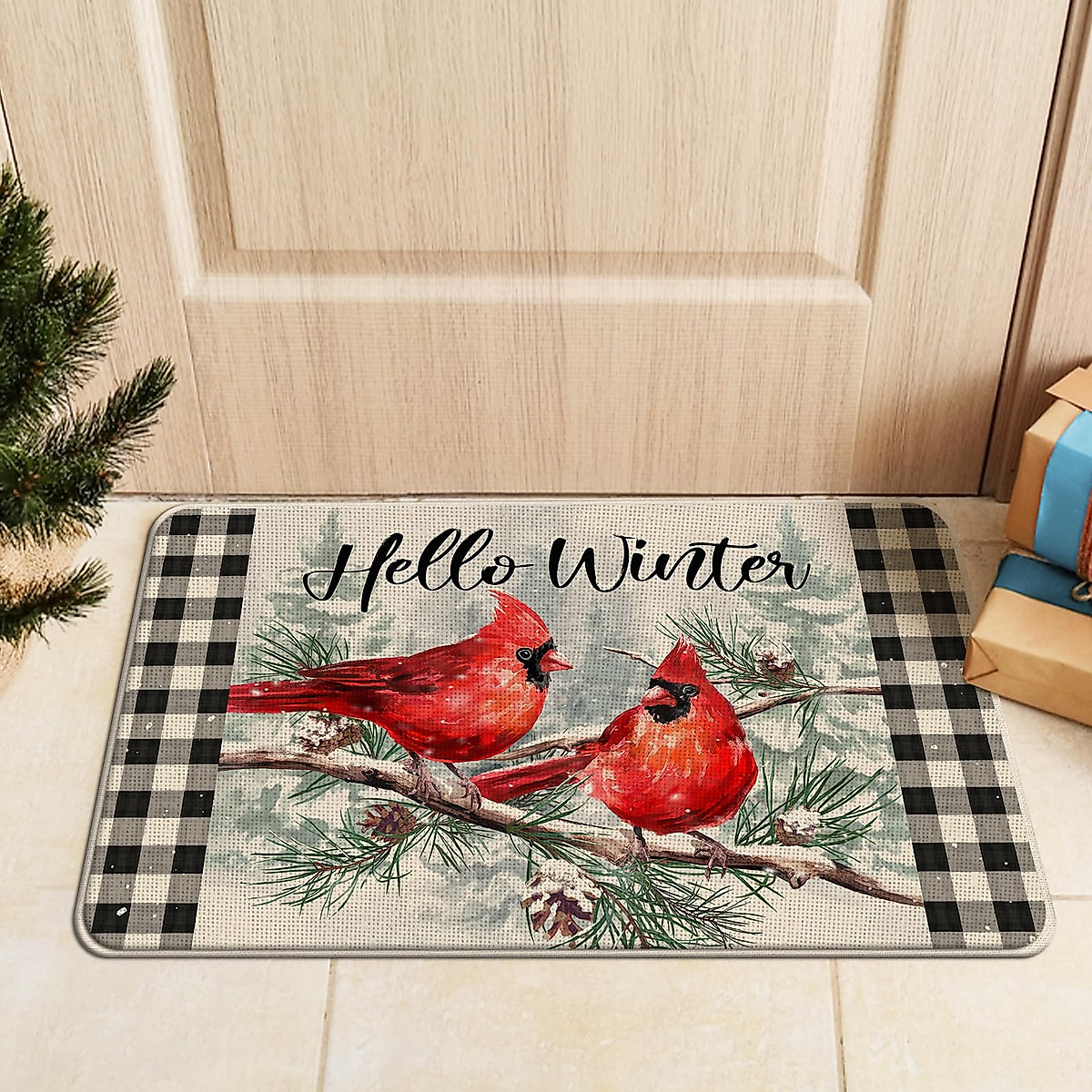 Tailus Hello Winter Cardinal Kitchen Rugs Set of 2, Red Bird Pine Tree Snow Buffalo Plaid Farmhouse Kitchen Mats Decor, Christmas Holiday Seasonal Floor Door Mat Home Decorations -17x29 and 17x47 Inch
