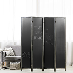 MyGift Dark Brown Wood Folding Room Divider with Chalkboard Panels, 4 Panel Privacy Screen