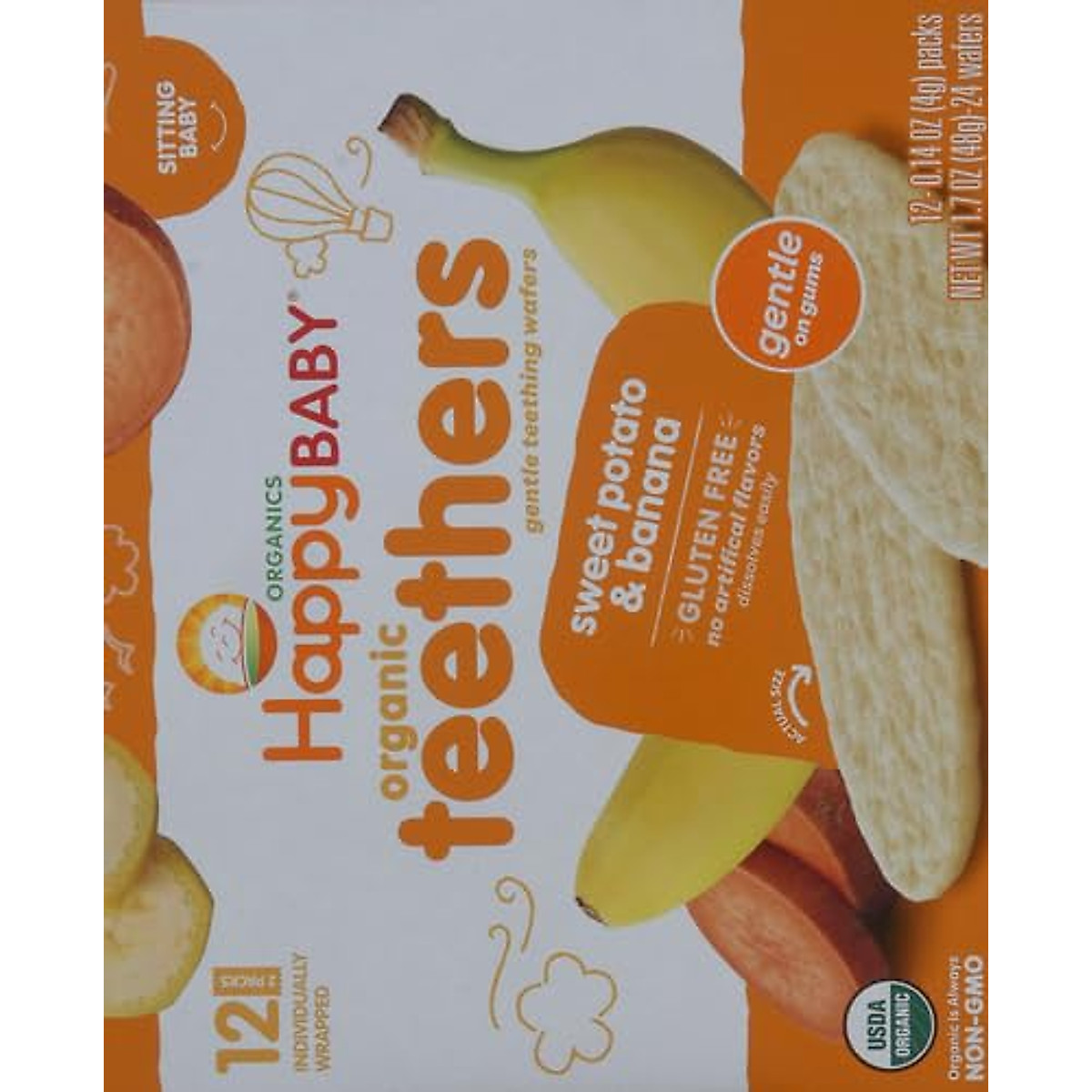 Happy Baby Gentle Teethers Organic Teething Wafers Banana Sweet Potato, Soothing Rice Cookies for Teething Babies Dissolves Easily Organic Gluten Free No Artificial Flavor,0.14 Ounce (Pack of 12)