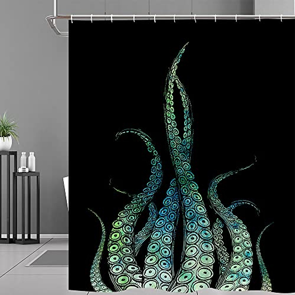 WYURMKT Octopus Tentacles Shower Curtain Kraken Ocean Animal Green Sea Underwater Creature Simple Black Backdrop Cool Creative Art Bathroom Decor Curtains Set Polyester Fabric with Hooks 70Wx70H Inch