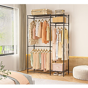 Portable Closets for Hanging Clothes, Freestanding Clothing Rack with 3 Hang Rods & 5 Shelves, Metal Wardrobe Garment Rack for Bedrooms Entrances