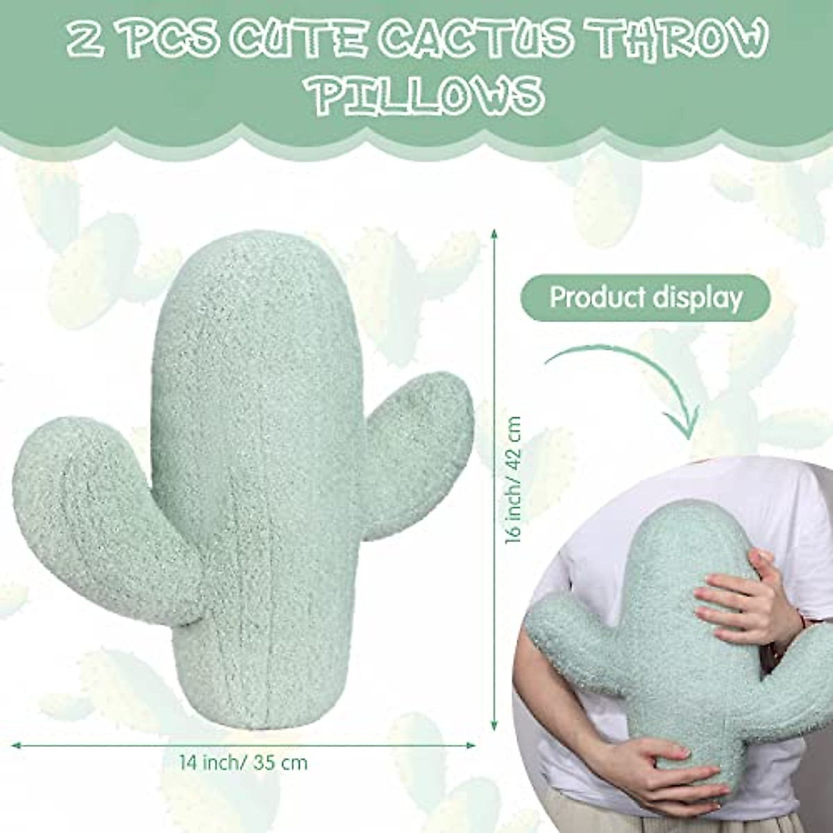 2 Pcs 16 Inches Cute Throw Pillow Cactus Shape Pillow 3D Succulent Pillow Aesthetic Throw Pillows Cute Decorative Pillows Sofa Cushion Office Nap Pillow for Nursery Bedroom Sofa Room Accessory