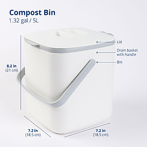 BLUE GINKGO Kitchen Compost Bin - Easy Clean Food Waste Bin for Kitchen with Handles | Countertop Compost Bin Kitchen Food Scrap Pail Bucket | Made in Korea (1.32 gal, 5 L) - White