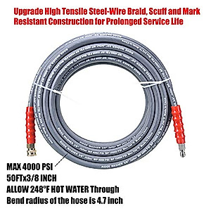 RIDGE WASHER Pressure Washer Hose 50 Feet X 3/8 Inch for Hot and Cold Water, with M22 14mm to 3/8 Inch Quick Connect, 4000 PSI