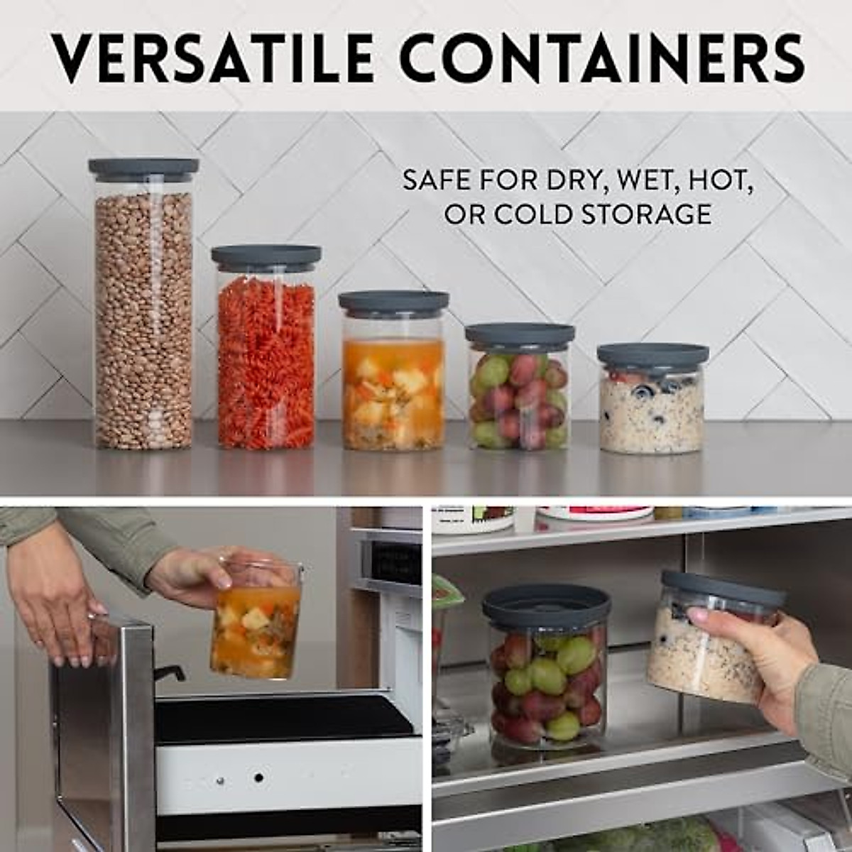 THE HAZEL PANTRY Glass Airtight Food Storage Containers with Silicone and Glass Lids – BPA-Free Jars and Canisters for Pasta Rice Flour, Dry or Wet Foods, Pantry Meal Prep – Set of 5 with Portion Tool