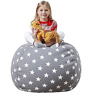 Aubliss Stuffed Animal Bean Bag Storage Chair, Beanbag Covers Only for Organizing Plush Toys, Turns into Bean Bag Seat for Kids When Filled, Medium 32"-Canvas Stars Grey