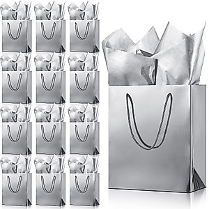 12 Pack Metallic Gift Bags Party Favor Bags Paper Shopping Bags with Handles Bulk and 12 Sheets Gift Tissue Paper Wrapping Paper for Birthdays, Wedding, Party Favors, 9 x 8 x 4 Inch(Silver)
