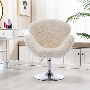 HEAH-YO Contemporary Curly Fur White Vanity Chair with Back, Height Adjustable Swivel Makeup Chair with Chrome Base for Reception Hall Home Dressing Room Shop Stool