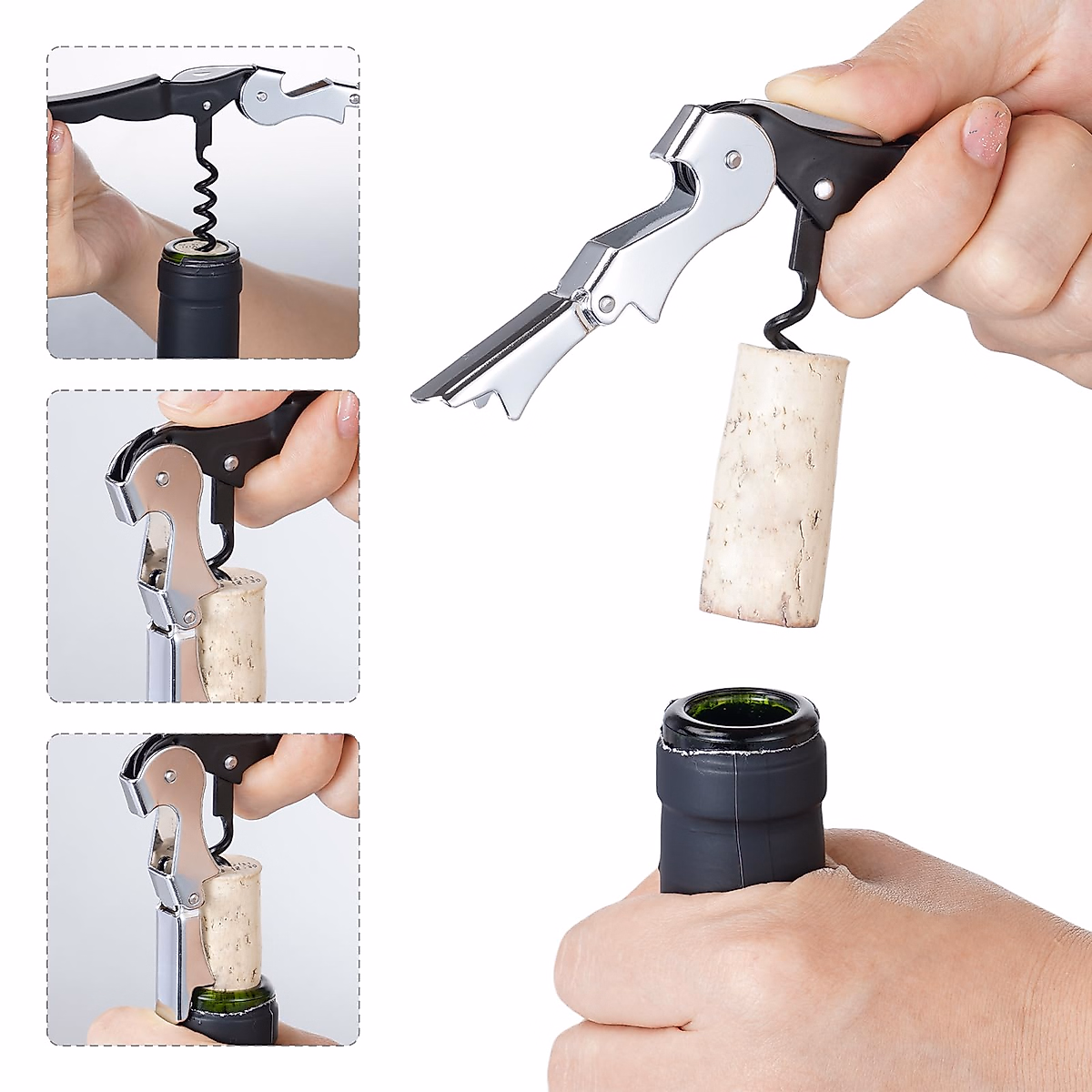 Flezoo 4PCS Wine Key Corkscrew - Stainless Steel Wine Opener with Foil Cutter, Double Hinged Cork Screw Wine Bottle opener, Professional Bar Accessories Wine Key for Servers, Bartenders