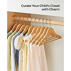 SONGMICS Kids Wooden Hangers 10 Pack, Solid Wood Baby Hangers, Children's Coat Hangers with Pants Bar, Shoulder Notches, Swivel Hooks, 12.6 x 7.5 Inches, Natural and Silver UCRW006N10