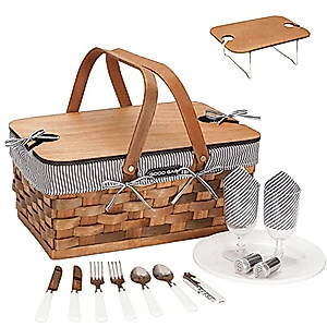 Woodchip Picnic Basket for 2 with Portable Wine Table, Woven Basket with Double Swing Handles & Removable Cutlery Service Kit, Large Basket for Picnic, Camping, Family, Wedding Gifts for Couple,Grey