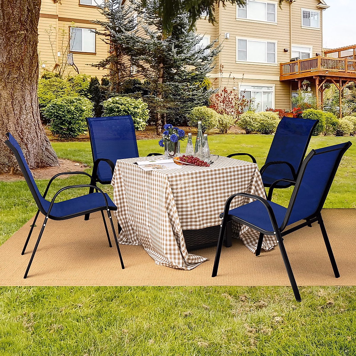 Giantex Set of 4 Patio Chairs, Outdoor Stackable Dining Chairs w/Armrests, 330 LBS Capacity, All Weather Resistant, Heavy Duty Rustproof Steel Frame, Lawn Chairs for Porch Yard Pool Garden (Blue)