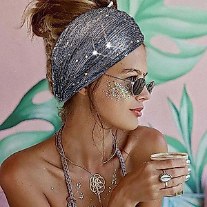 CAKURE Sequin Wide Headband Black Turban Headbands African Glitter Head Wraps Stretchy Bling Hair Wraps Hair Bands Yoga Running Sport Hair Accessories for Women and Girls