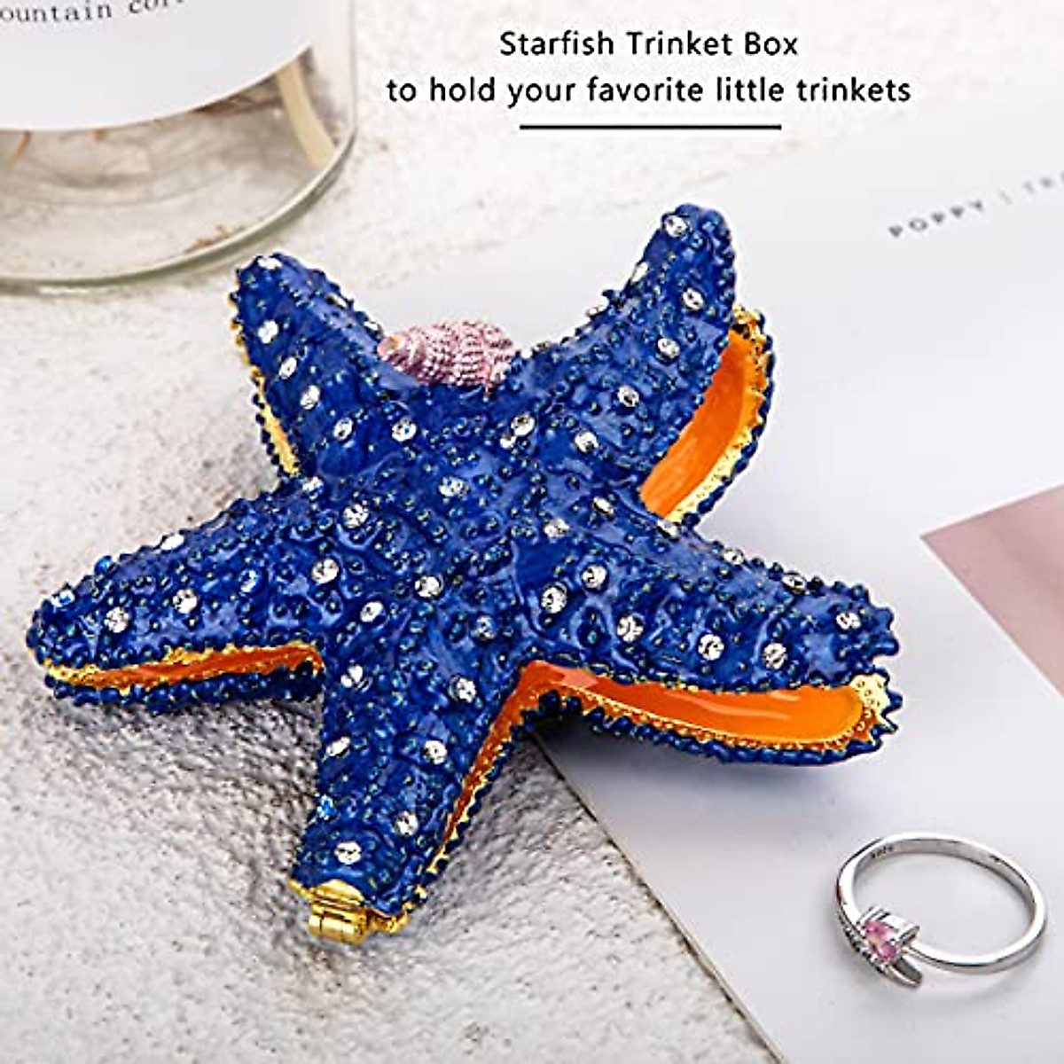 YU FENG Starfish Figurine Trinket Box Hinged Crystals Jeweled Painted Enameled Collectible Sea Star Ornament(Dark Blue)