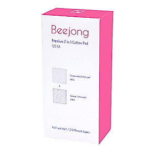 Beejong [120EA] Premium 2 in 1 Facial Cleansing Square Cotton Pads - Two Types of Face Wipes Cotton Pads for Toner, Makeup Remover | Compressed 60EA & Sponge 60EA | Made in Korea (1 Pack)