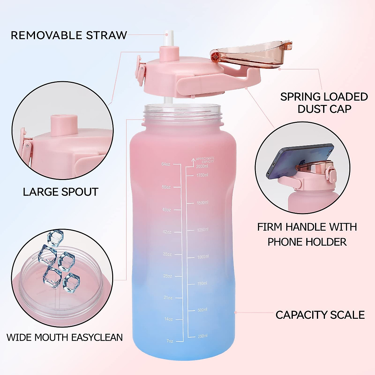 vaoruteng 64 OZ Water Bottle with Sleeve and Strap Half Gallon Water Bottle with Straw Leakproof BPA Free Water Bottles with times Marker & Motivational for Fitness, Gym and Outdoor Sports (pink)
