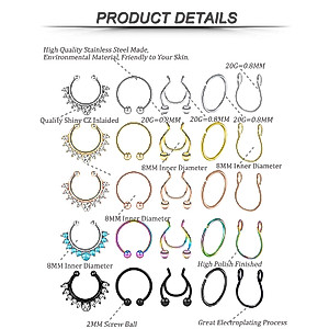 YOVORO 25Pcs Stainless Steel Fake Nose Ring Hoop for Men Women Faux Lip Ear Septum Ring Non-Pierced Body Jewelry XK
