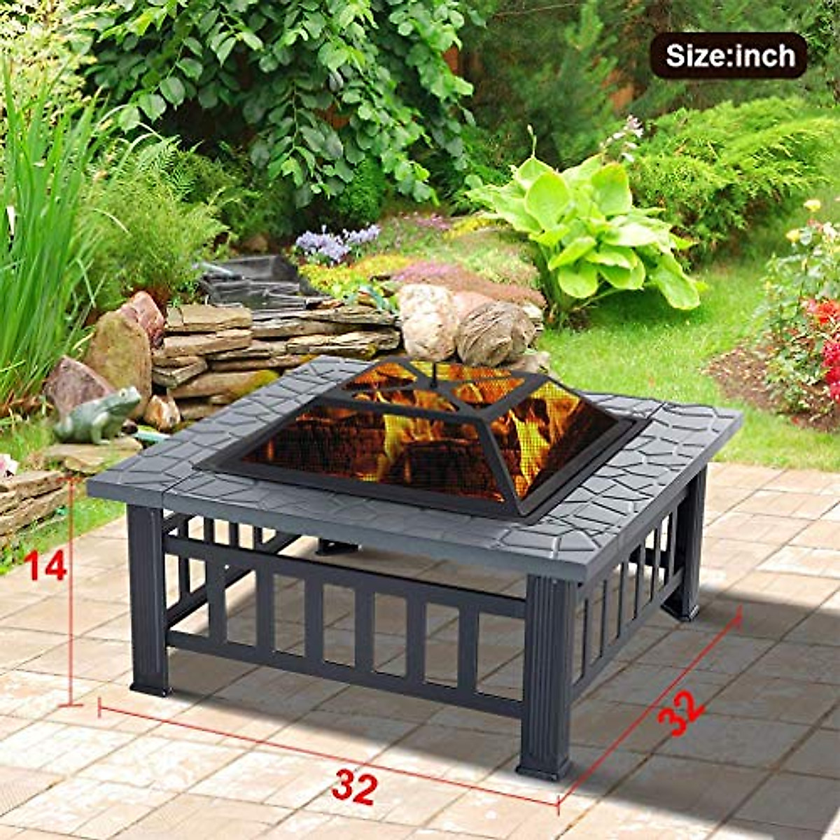 Outdoor Metal Square Fire Pit, 32" Metal firepit for Patio Wood Burning Fireplace Square Garden Stove with Charcoal Rack, Poker & Mesh Cover for Camping Picnic Bonfire Backyard