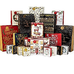 Gift Boutique 24 Count Christmas Gift Bags Bulk Set Includes 4 Jumbo 6 Large 6 Medium 8 Small Holiday Xmas Gifts Bag Assortment with Handles & Tags for Wrapping Any Size Present for Adults Teens Kids