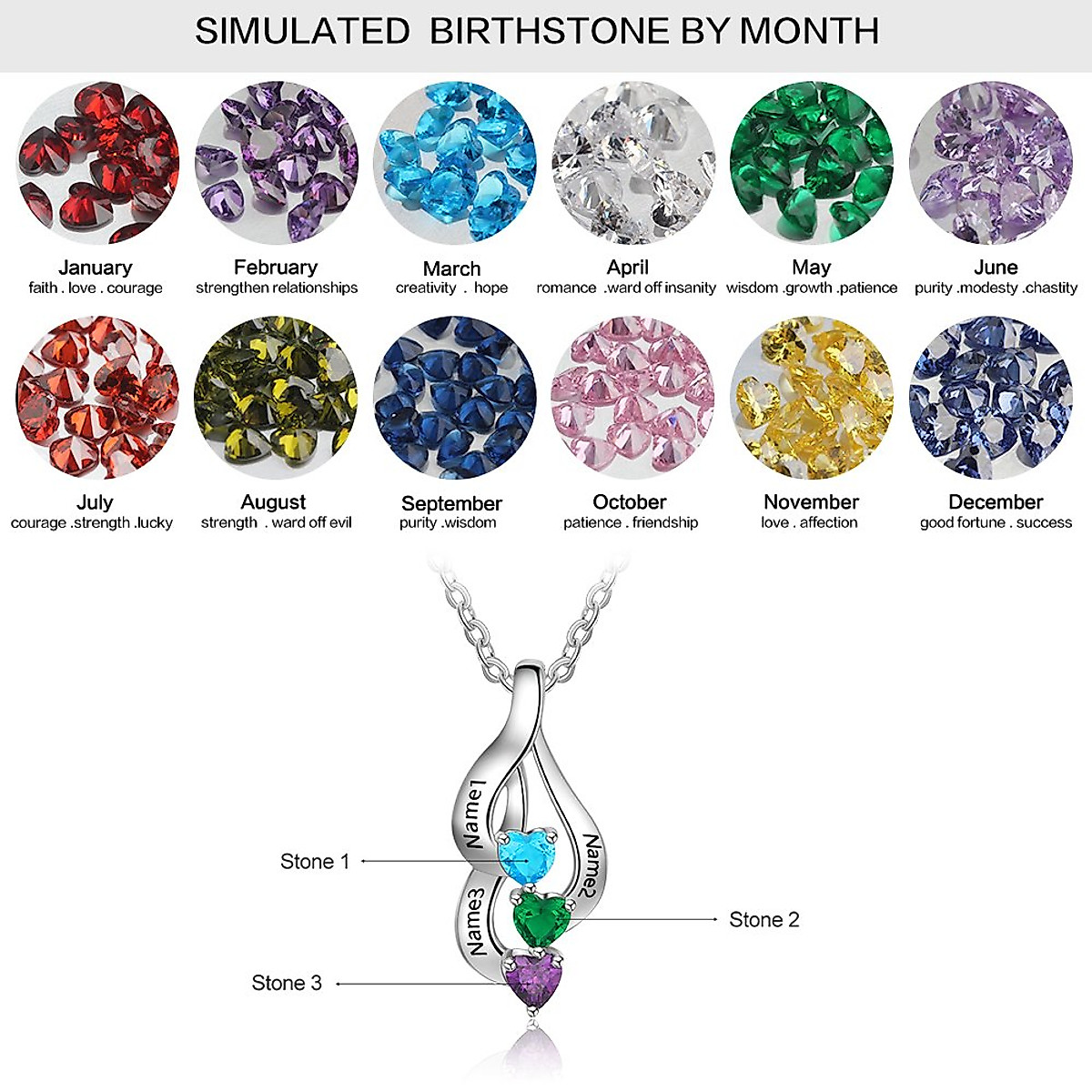 Personalized Sterling Silver 3 Heart Simulated Birthstone Mothers Pendant Necklace with Names Engraved Pendant Family Necklace for Women (3 Names)