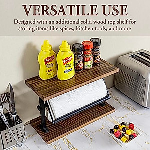 MyGift Kitchen Countertop Paper Towel Holder and Condiment Display Shelf Rack, Rustic Burnt Wood and Metal Towel Dispenser with Top Shelf for Bathroom or Kitchen