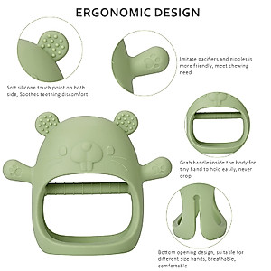 Socub Baby Teether Toy for Infants 12+ Months, Silicone Never Drop Silicone Mitten Teething Toy for Soothing Sore Gums, Baby Chew Toys for Sucking Needs, BPA Free, Olive