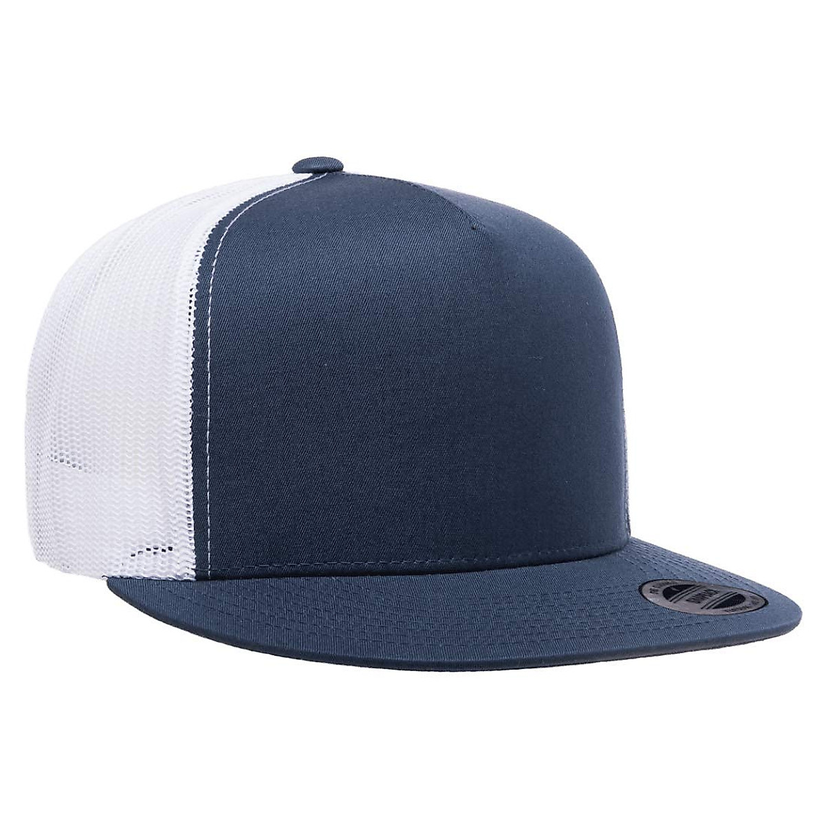 Your Logo Embroidered On Yupoong 6006 Flatbill Trucker Snapback Hat Custom Logo (Navy/White)