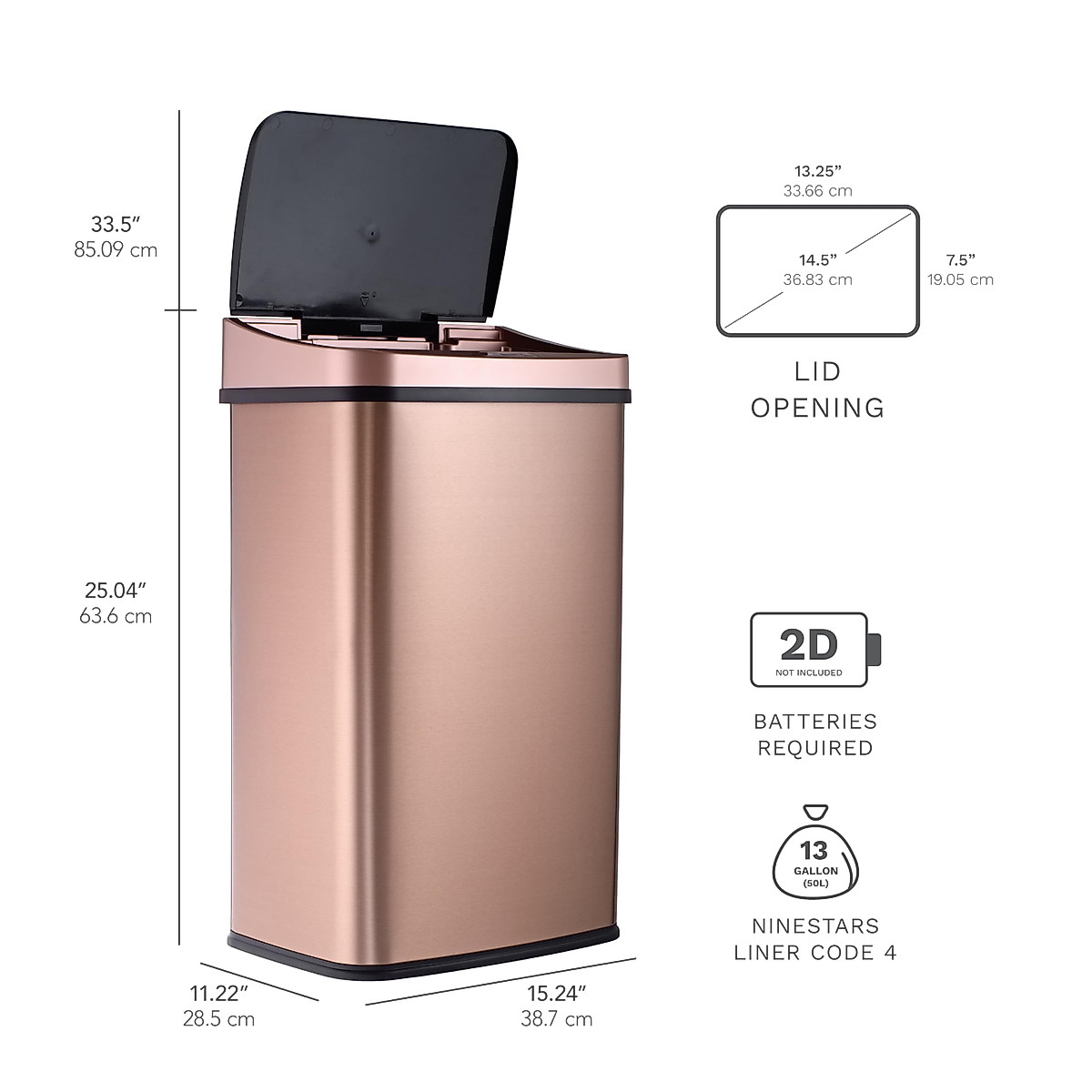 13 Gallons Automatic Touchless Kitchen Trash Can with Lid, Motion Sensor Trash Can for Kitchen, Home, Office, 50 Liter Large Stainless Steel Garbage Bin (13 Gal #28) (Gold)