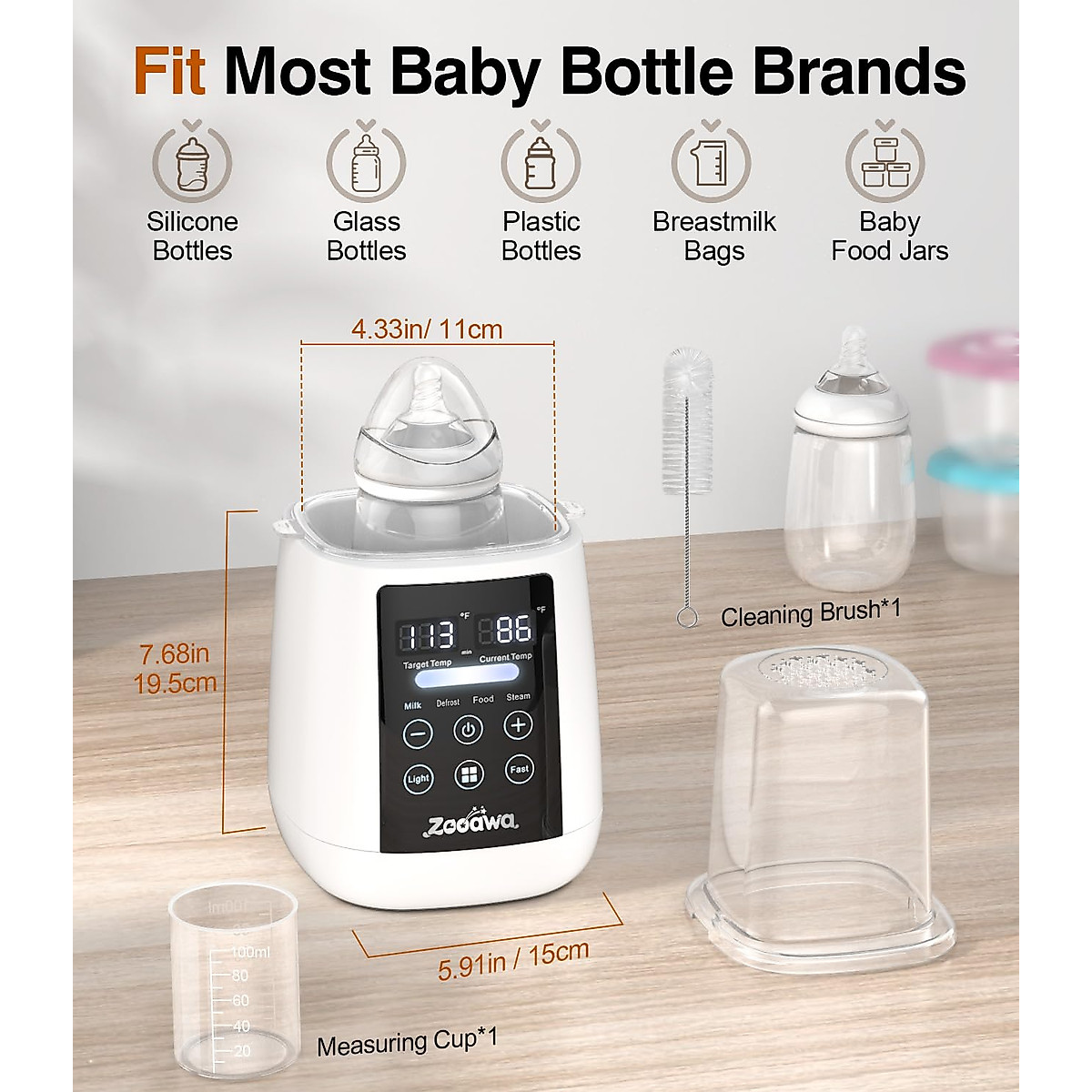 Bottle Warmer, Zooawa Fast Baby Bottle Warmer for Most Bottles, 10-in-1 Baby Milk Warmer with IMD LED Display & Smart Temperature Control, Bottle Warmers for Breastmilk and Formula, White