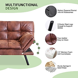 MUUEGM Futon Sofa Bed, Convertible Memory Foam Sleeper Couch,Modern Faux Leather Folding Love seat for Living Room,Small Space,Apartment,Office,Dorm,Adjustable Backrests Armrests 71" Sofa Bed, Brown