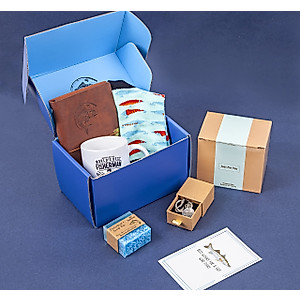 Fishing Gifts for Men Unique - Fathers Day Fishing Gifts for Dad - Best Gifts for A Fisherman Men Gift Box ; Fishing Log Book Fishing Mug Keychain Soap Socks