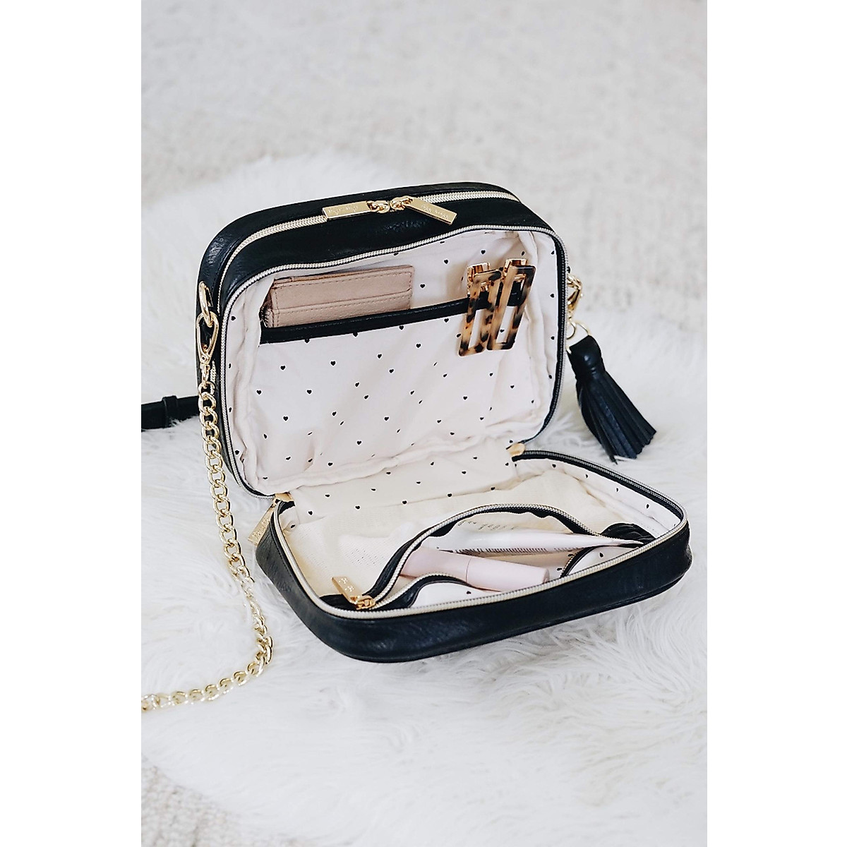 Chelsea + Cole for Itzy Ritzy Crossbody Diaper Bag - Includes 6 Pockets, Changing Pad & Tassel; Black with Sweetheart Print